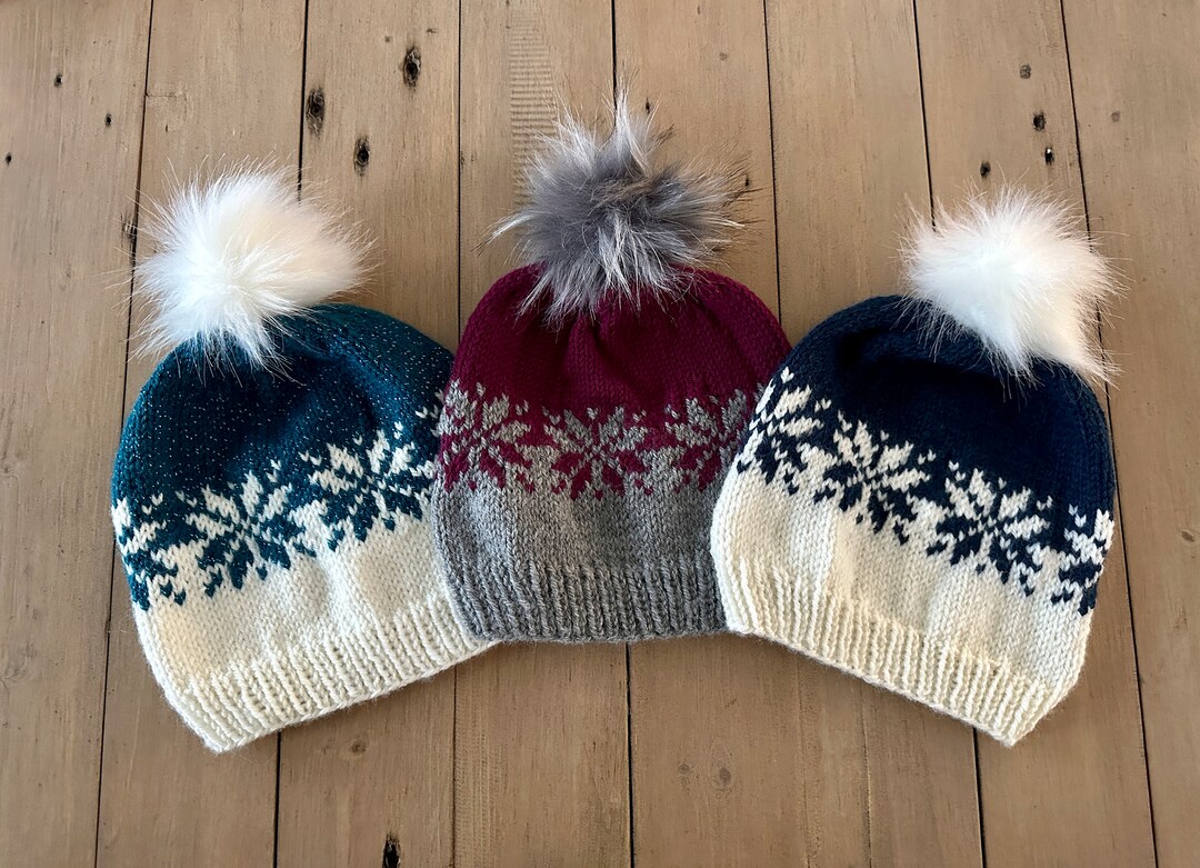 Women's Hand-knit Winter Snow-flake Hat// Hand-knit Fair-isle Hat With ...