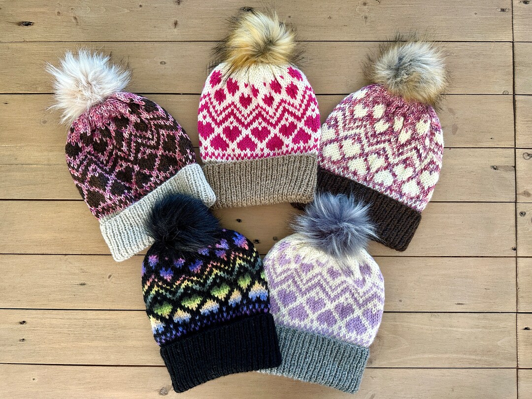 Women's Hand-knit Winter Heart Hat// Hand-knit Fair-isle Hat With ...