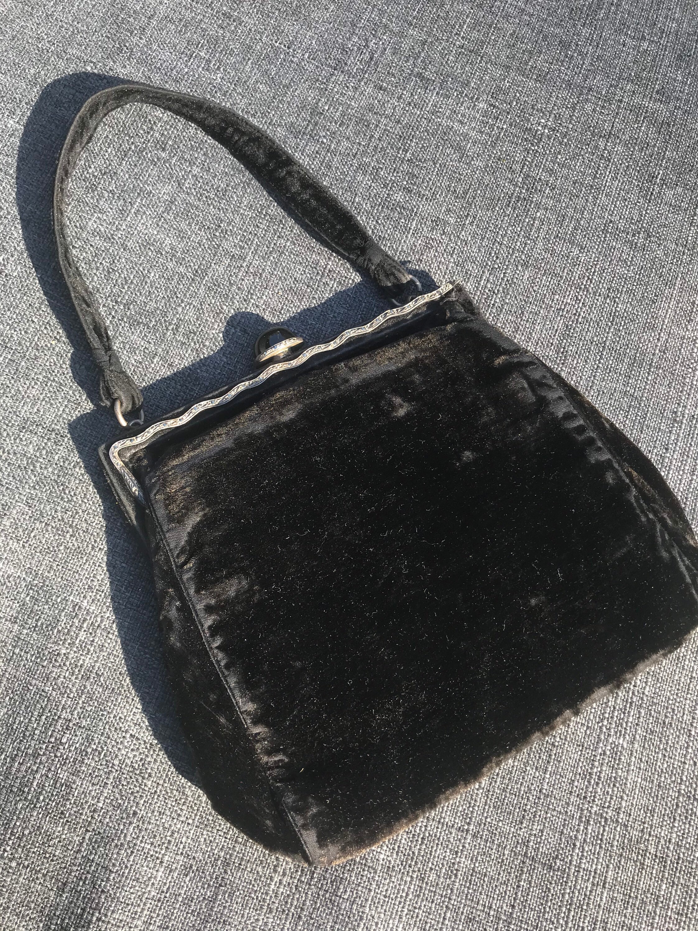 Antique 19th Century Victorian Mourning Black Velvet Handbag Purse With ...