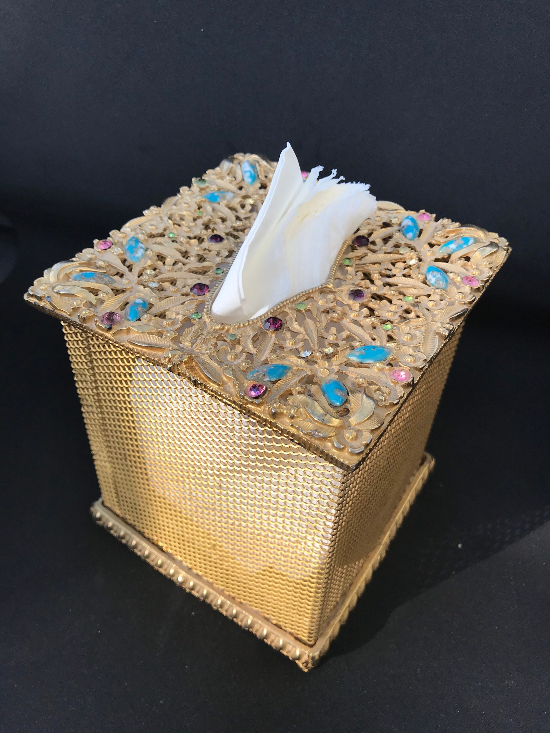 Vintage Rococo Style Gold Plated Rhinestones Inlaid Tissue Box Storage ...