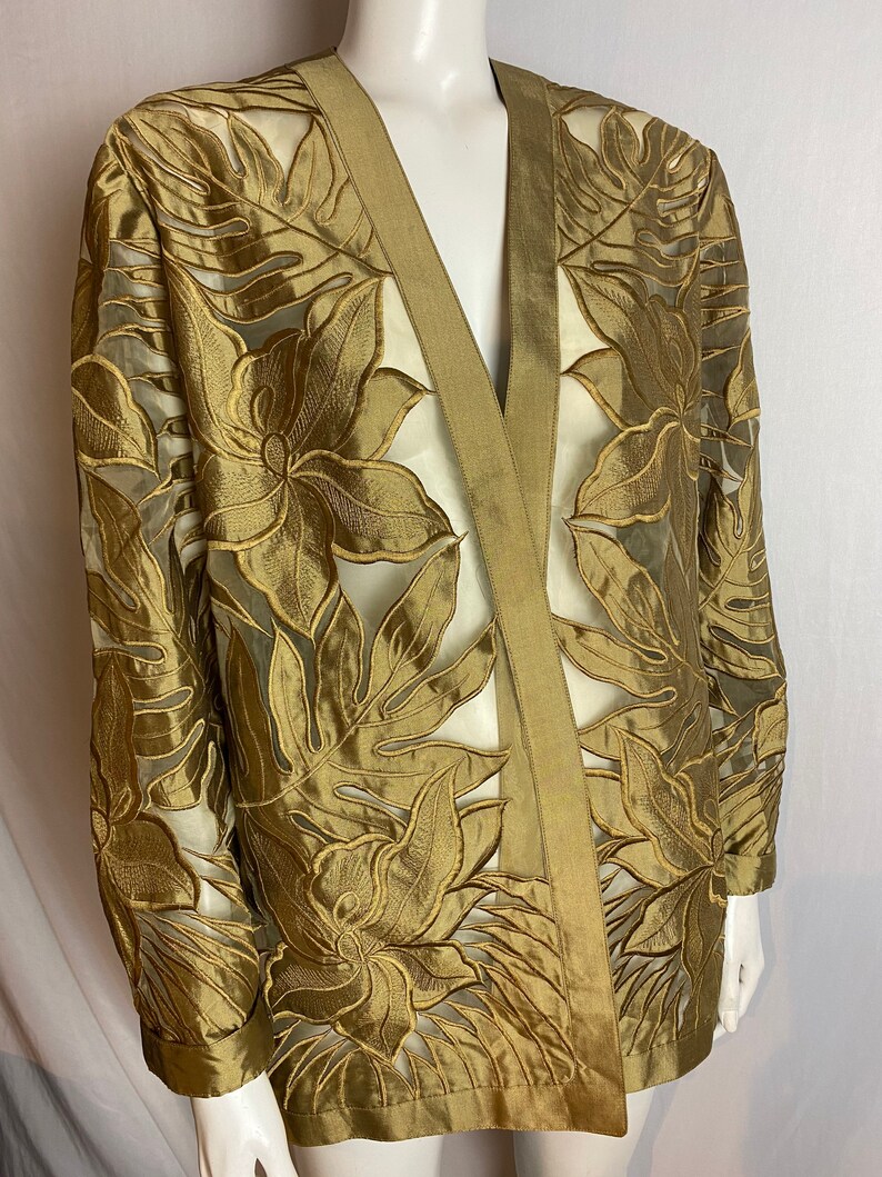 Thai Silk Chartreuse Gold Green Jacket With Cut Outs Applique on ...