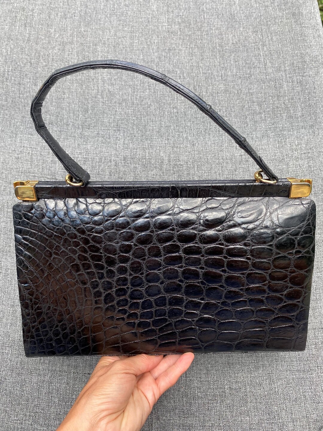 Vintage 1960s 1970s Hanson Bag Hong Kong Black Crocodile Alligator Top ...