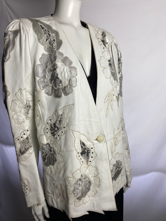 Vintage white leather jacket embroidered with silver lace | Etsy