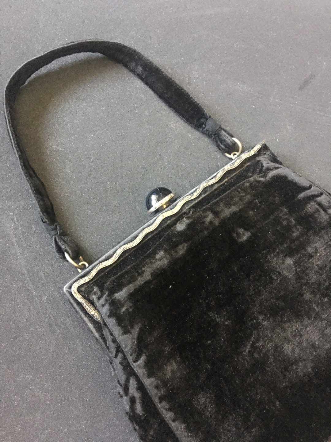 Antique 19th Century Victorian Mourning Black Velvet Handbag Purse With ...