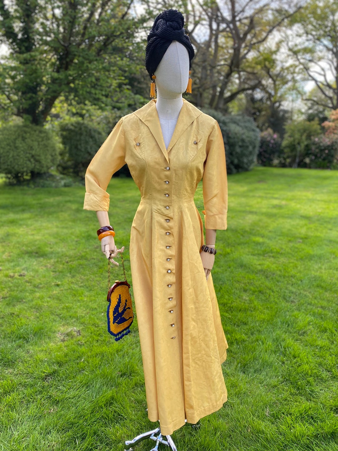 Vintage 1940s Mustard Chartreuse Moire Silk Dress by Peer With ...