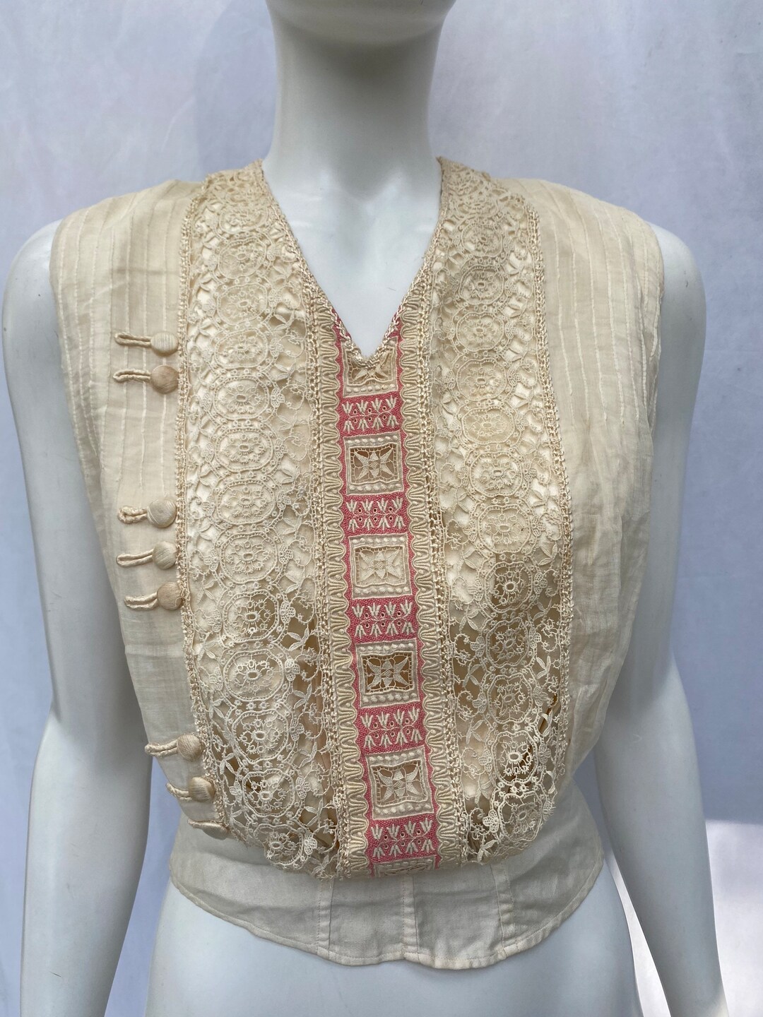Antique Victorian Edwardian Cream Pink Lace Top Bodice Basque Corset Sz ...