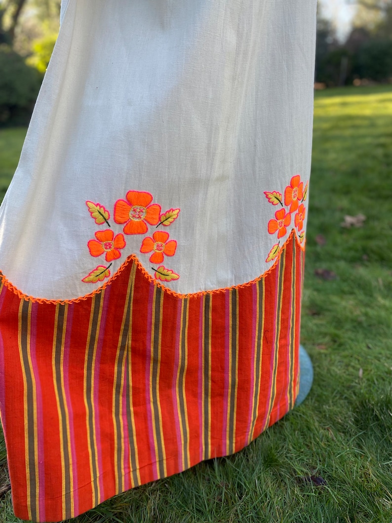 Vintage 1970s Rare Telas Tlaquepaque Mexico Hand Made Maxi Cotton Dress Hand Embroidered Flowers ...