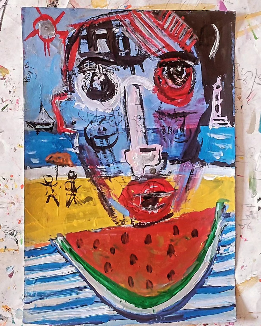 Painting Abstract of a Beach Man Eating Watermelon - Etsy