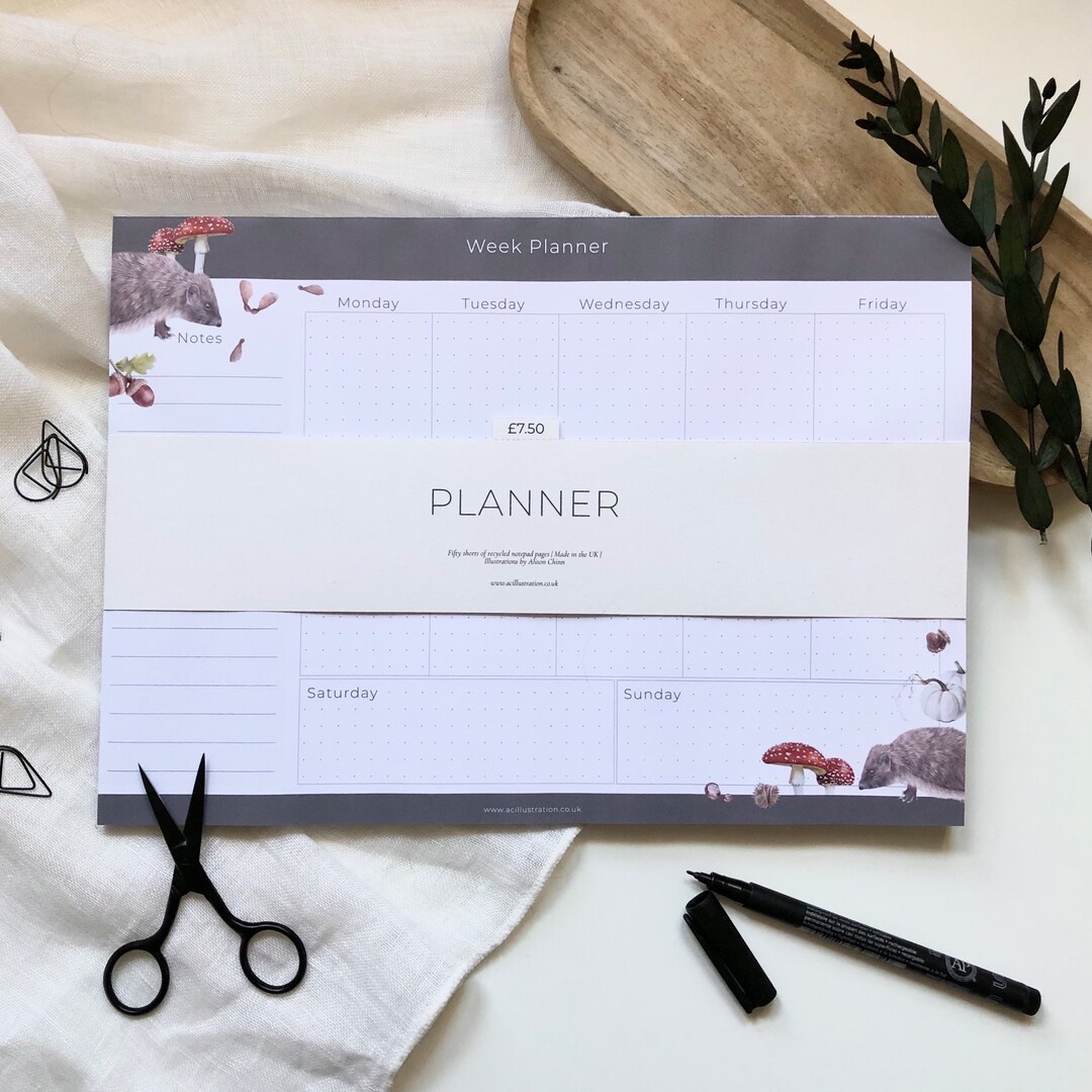 Hedgehog Animal A4 Week Planner Notepad - 50 Paper Sheets - Hand-drawn ...