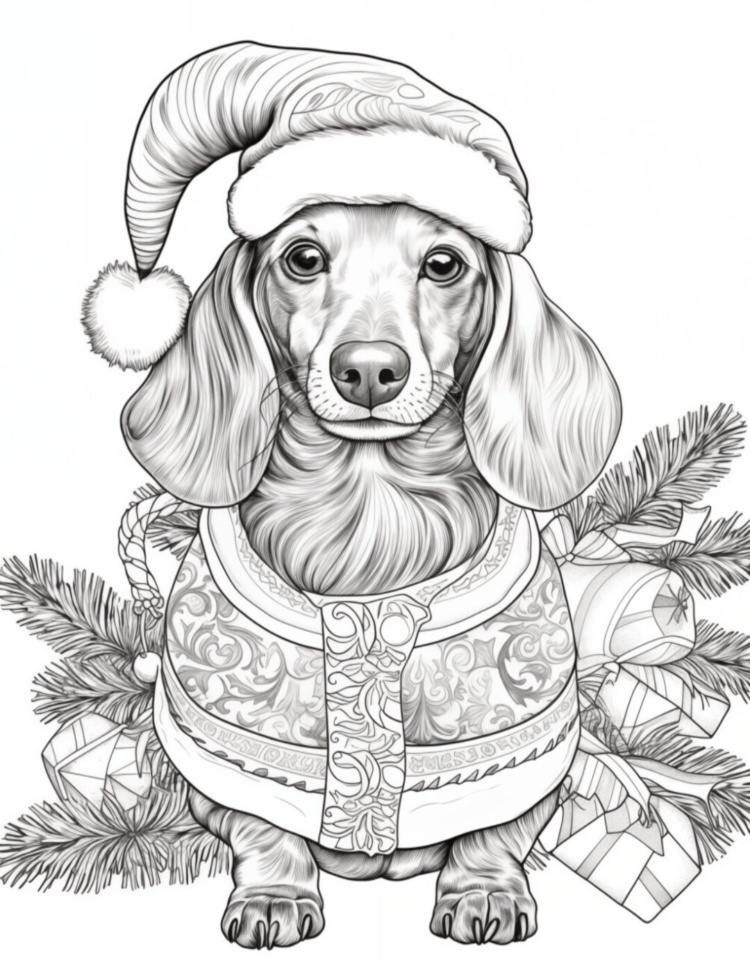 Coloring Page for Adults Downloadable Printable. Dachshund in Christmas ...