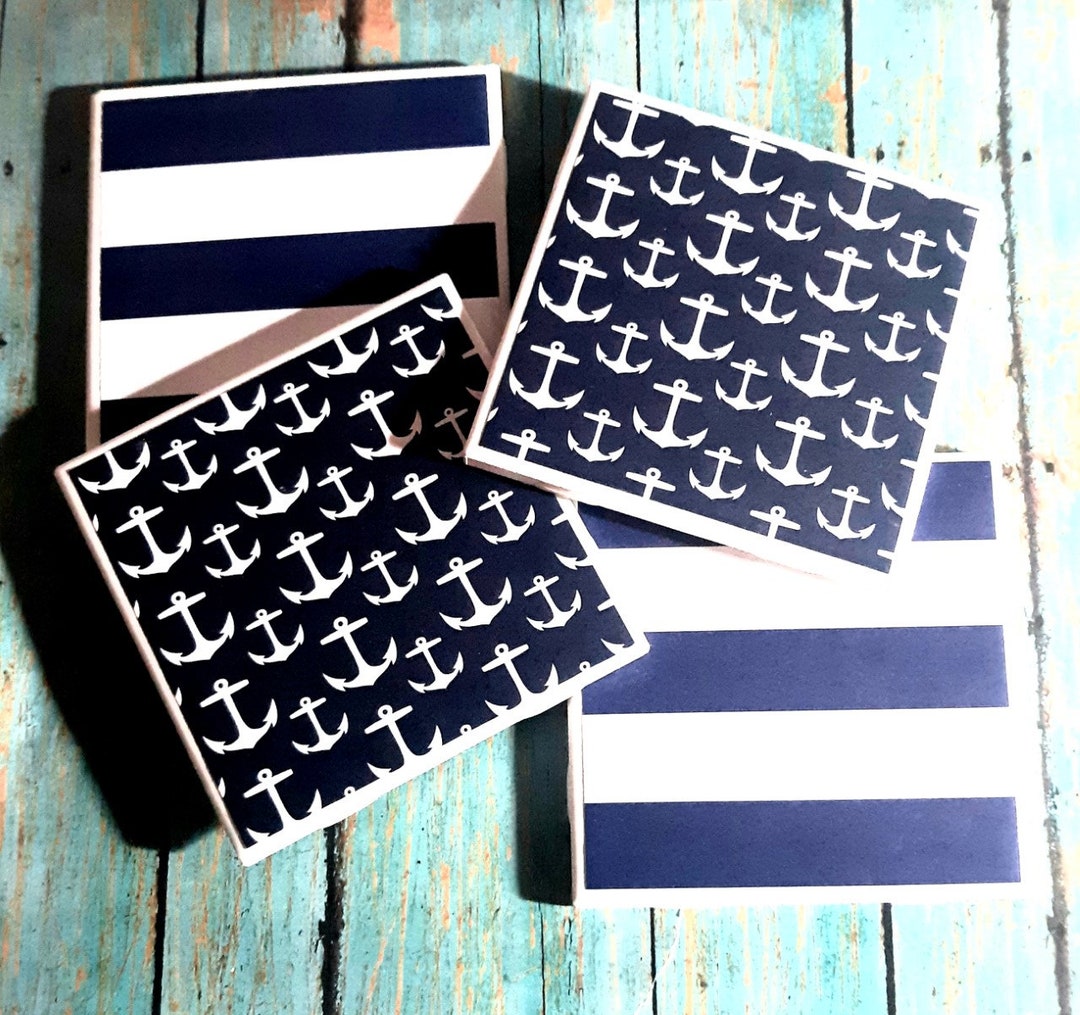 Nautical Coaster Set-navy Blue Anchor Coasters-beach Theme-set of Four ...