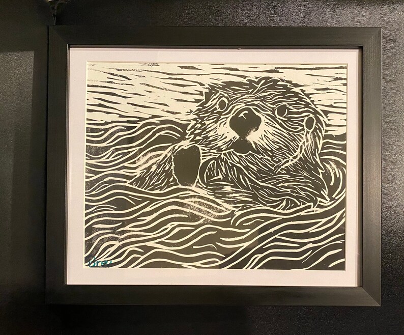 Framed Original Lino Print otter Afloat Black and | Etsy