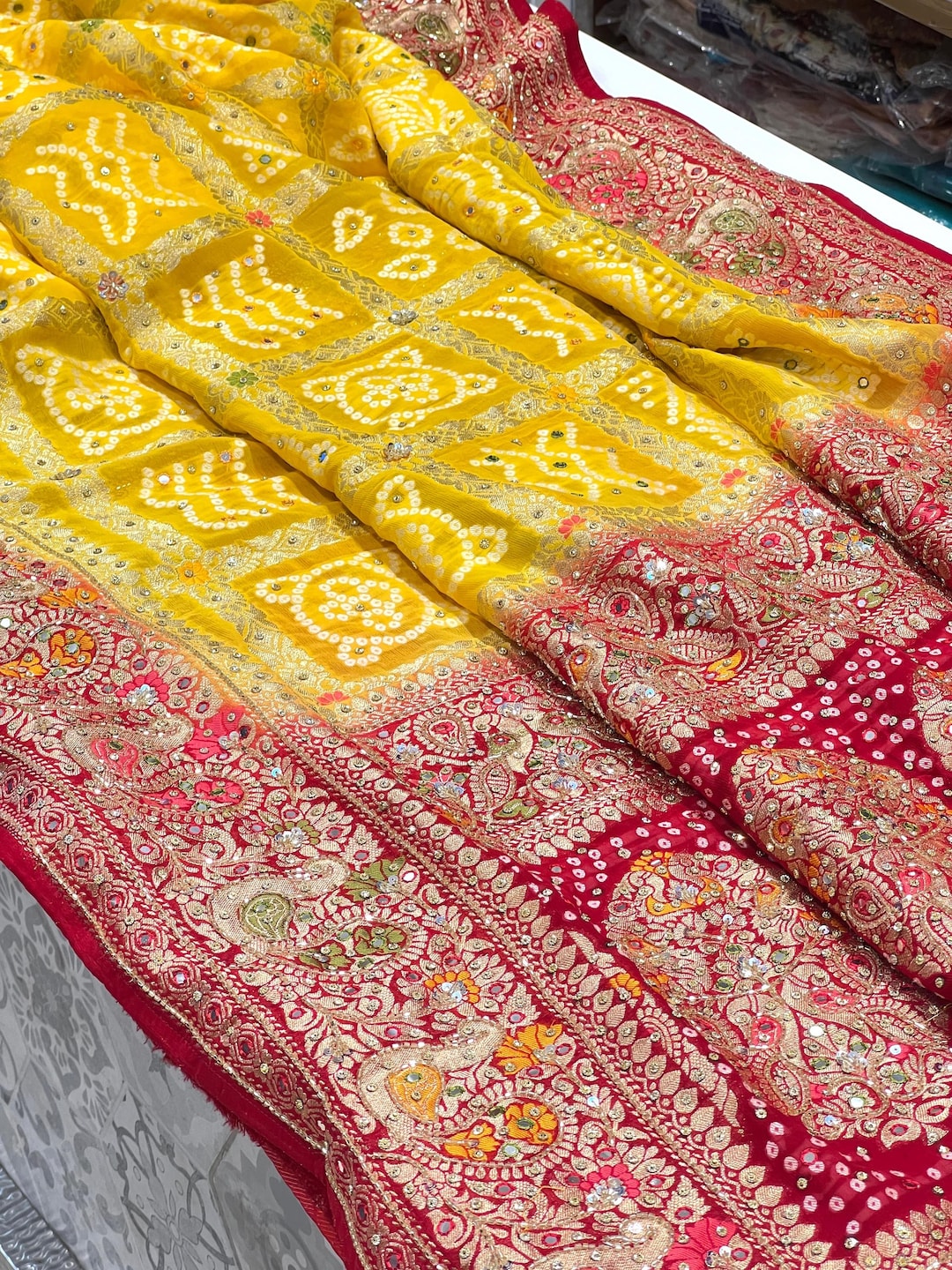 Yellow Red Gharchola Hand Embroidery Saree - Etsy