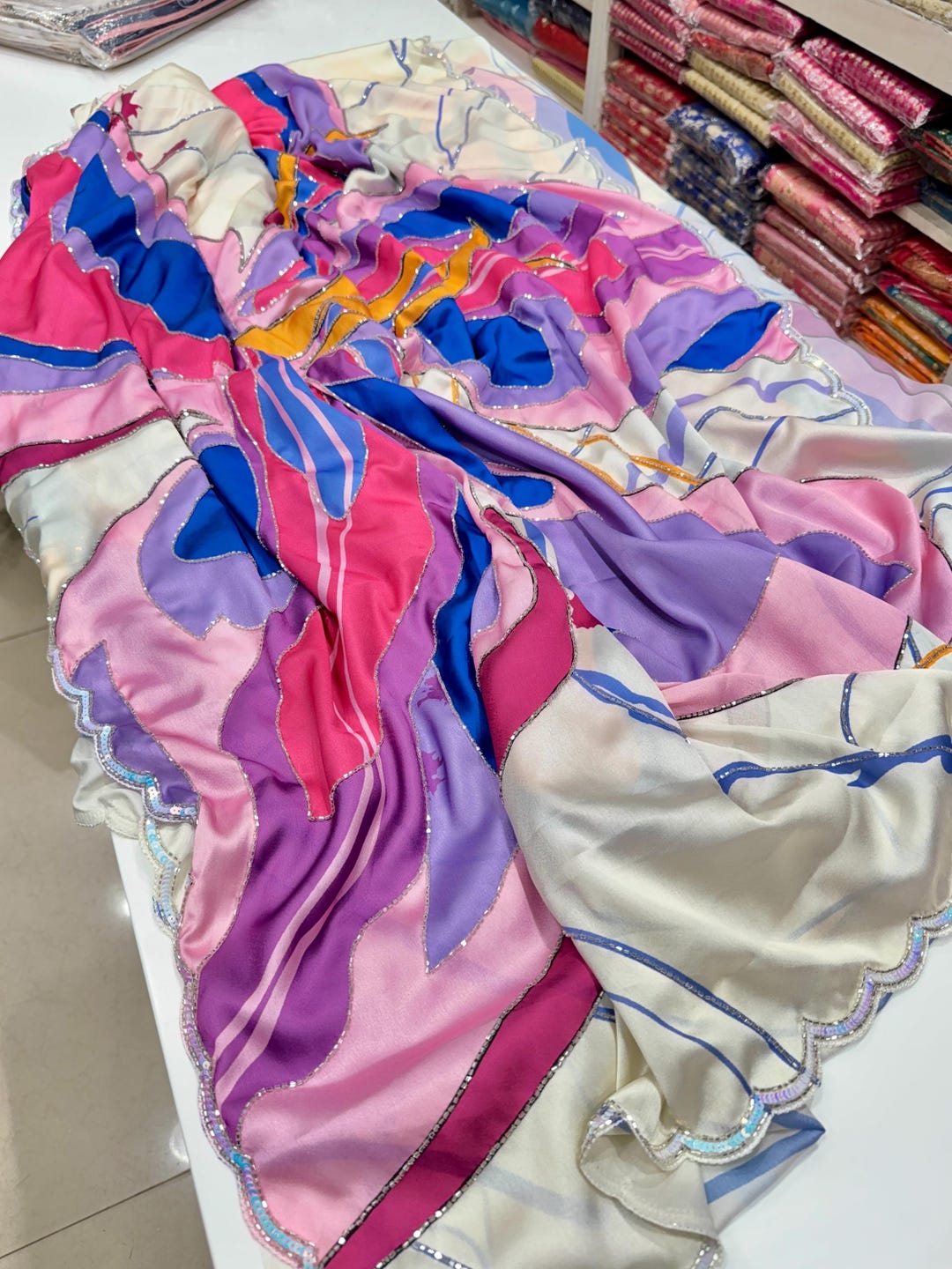 Japenese Print Satin Hand Embroidery Saree - Etsy