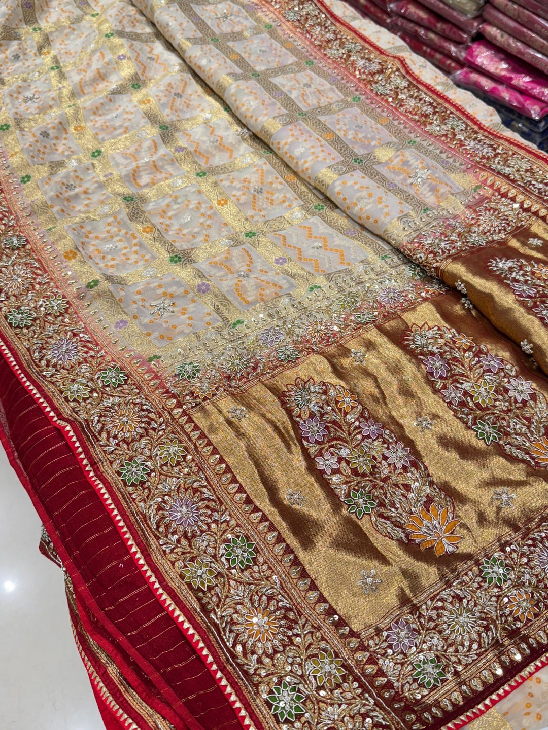 Beige Red Gharchola Zardosi Embroidery Saree 2.0 - Etsy