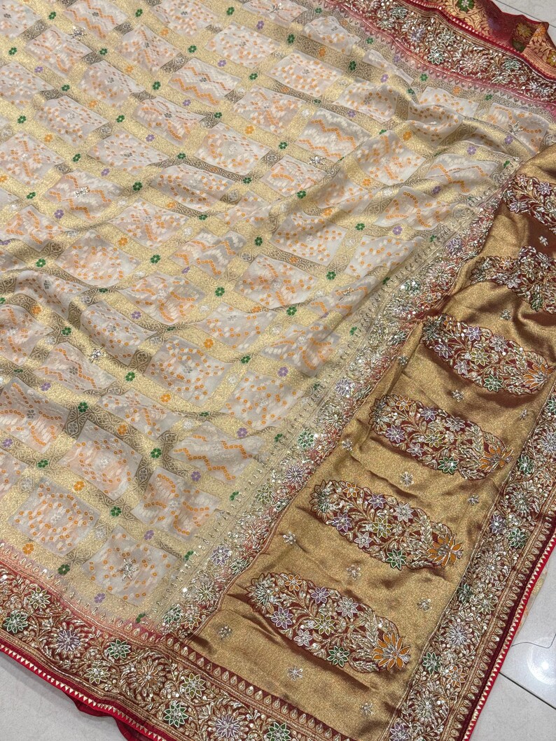 Beige Red Gharchola Zardosi Embroidery Saree 2.0 - Etsy