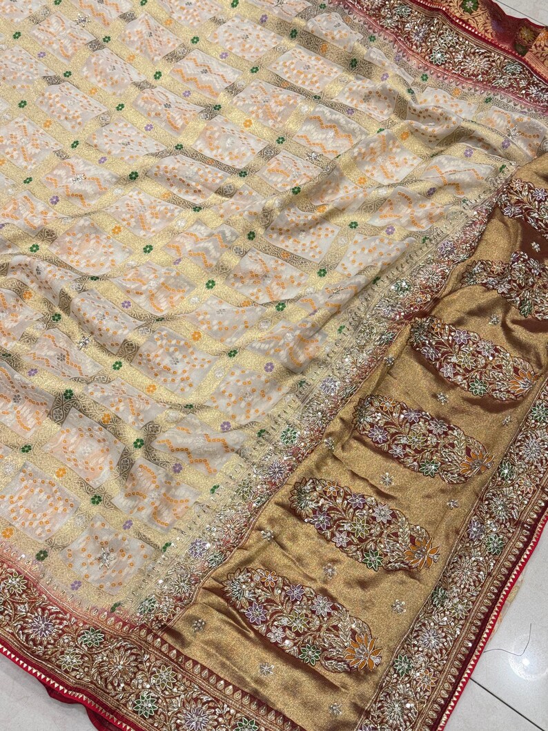 Beige Red Gharchola Zardosi Embroidery Saree 2.0 - Etsy