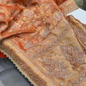 Rust Orange Tissue Zardosi Embroidery Saree - Etsy