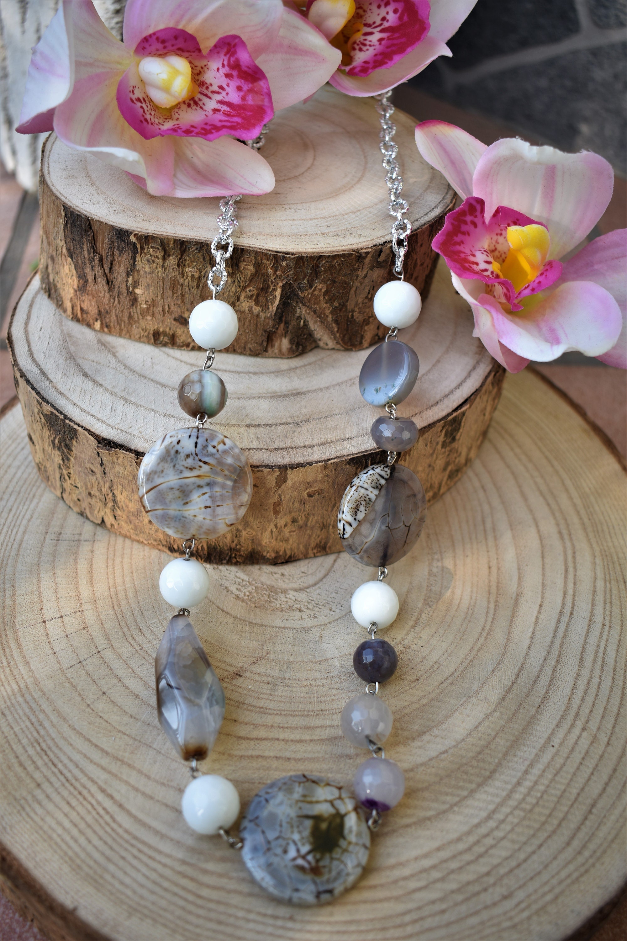 Collana pietre dure con catena e Agata Grigia e Bianca - Etsy Italia