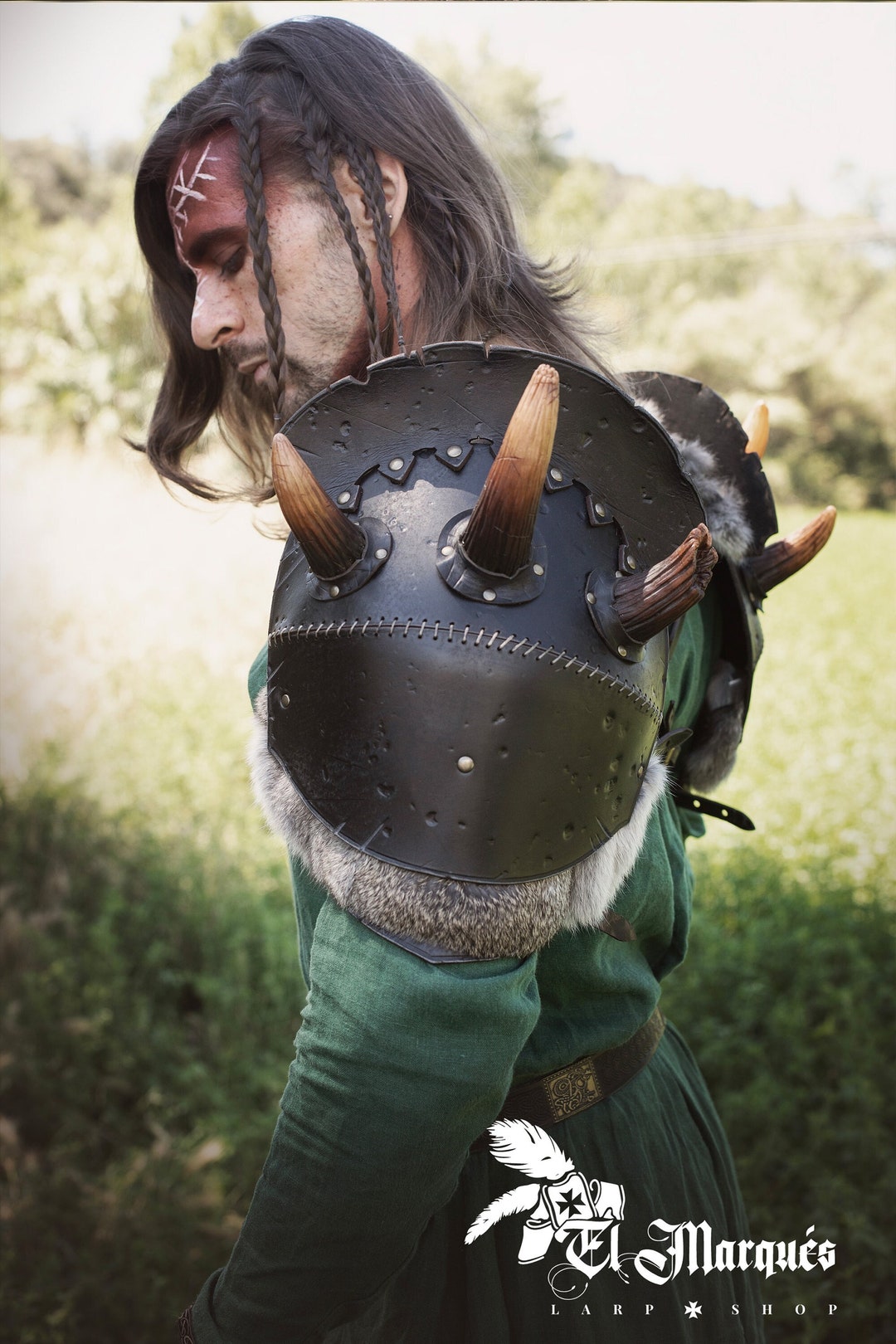 Black Leather Barbarian Pauldron: Horned Berserker LARP Armor - Etsy