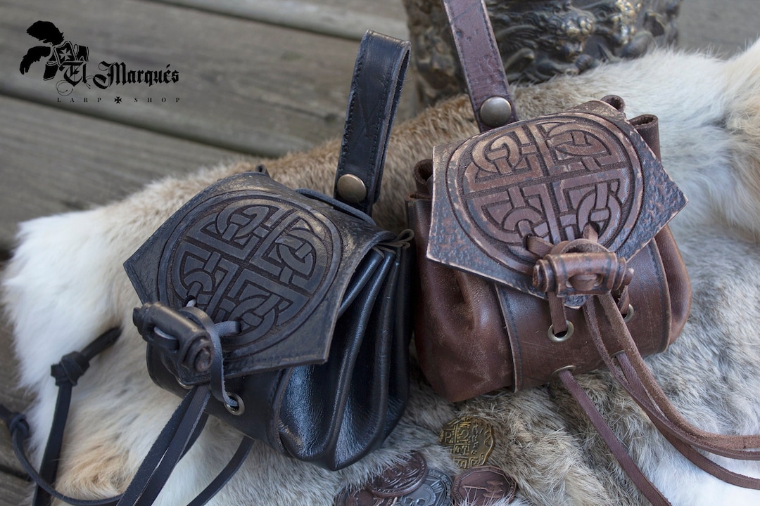 Viking Leather Belt Pouch. Black Nordic Leather Bag for Larp With Pagan ...