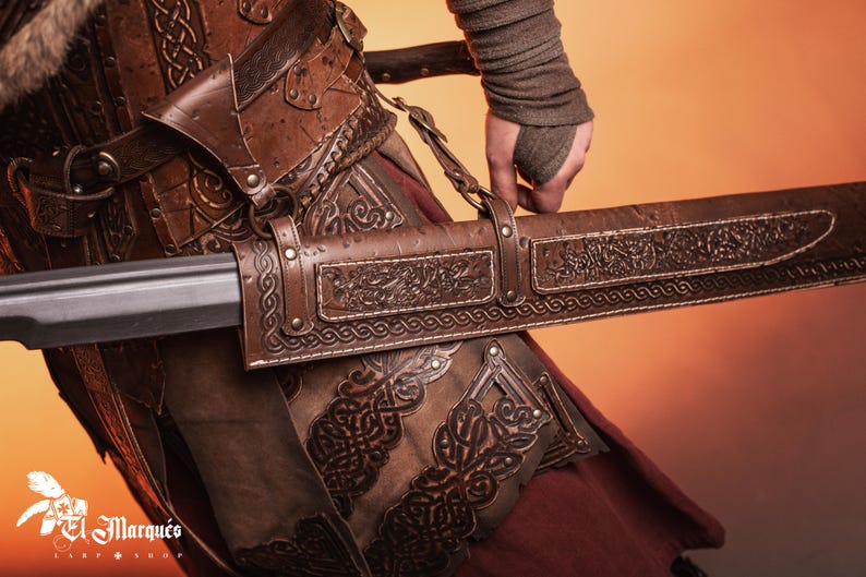LARP Leather Scabbard. Leather Sheath With Viking Engravings. Long ...