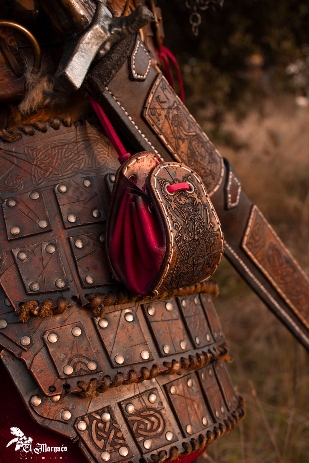 Viking Leather Belt Pouch. Red Nordic Leather Bag for Larp - Etsy