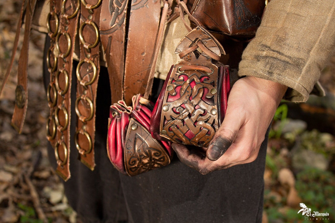 Viking Pouch in RED Leather for Larp Belt. Two Leather Bags - Etsy