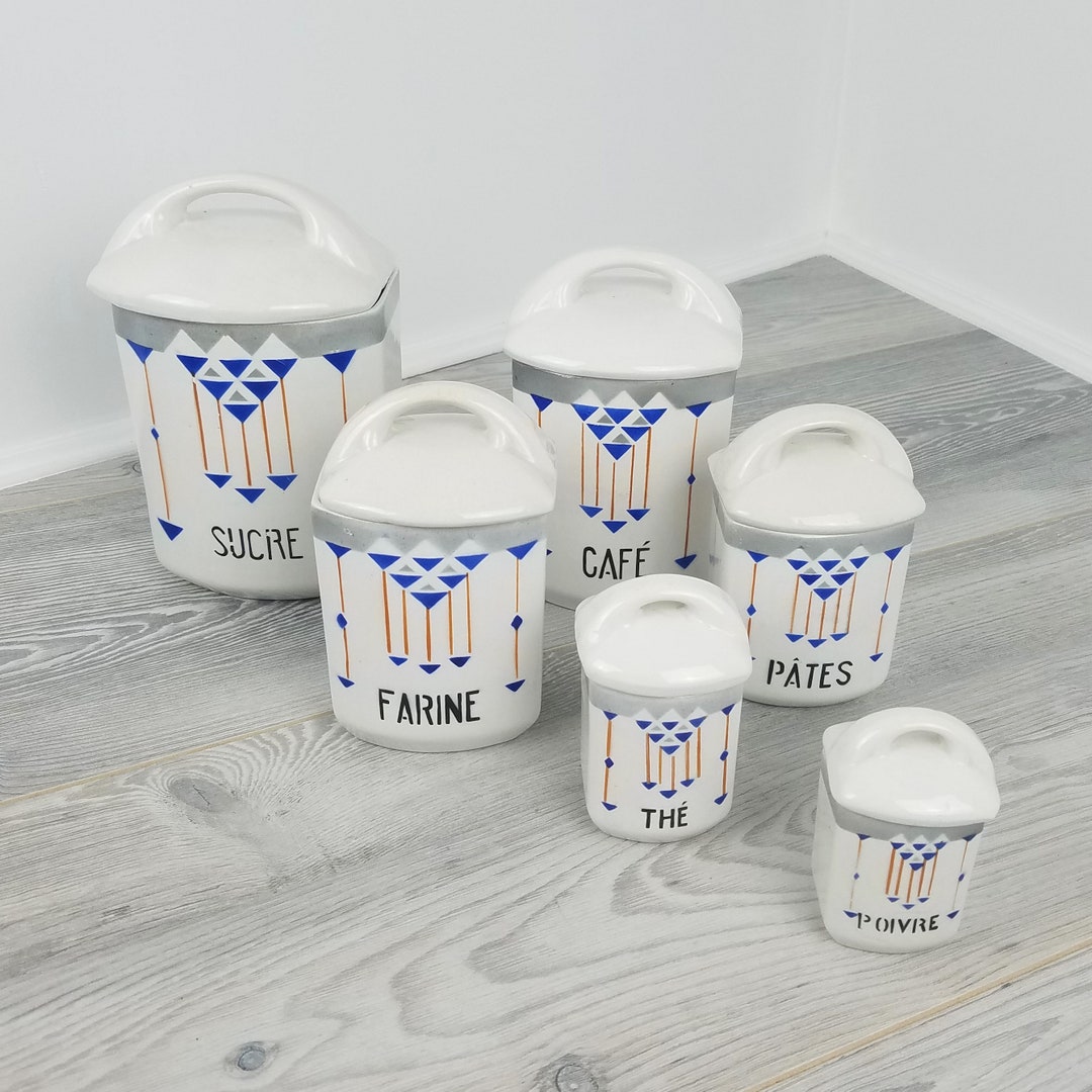 Set of Six Art Deco Style Ceramic French Storage Canisters Sucre, Cafe ...
