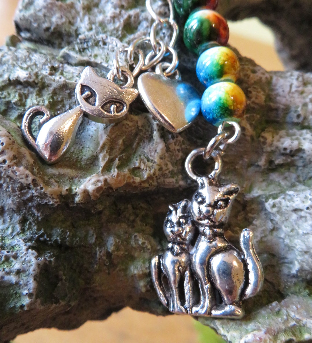 Handmade Cat Bag Charm: Jade, Amber, and Blue Beaded Keyring - Etsy