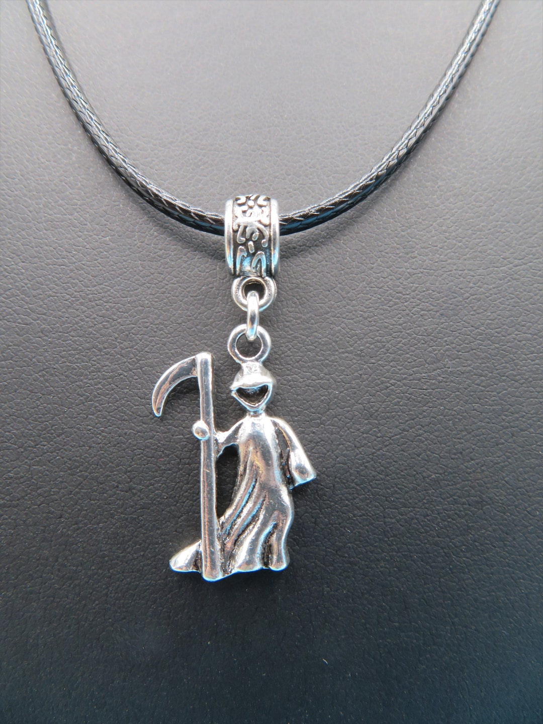 Random & Unusual Grim Reaper With Scythe Pendant Black Adjustable Cord ...