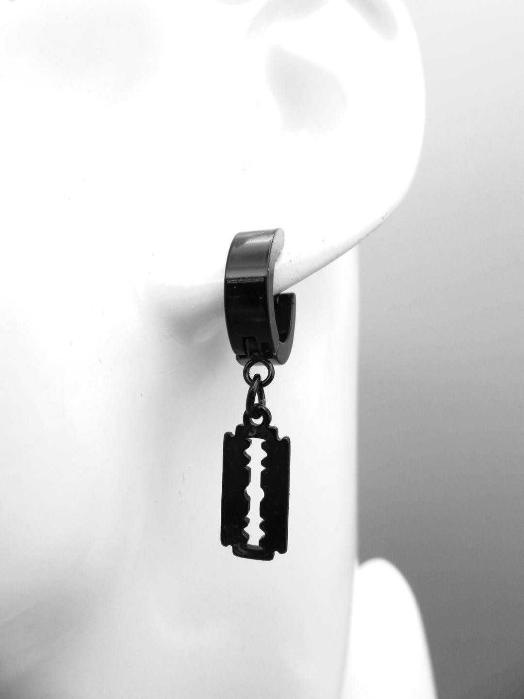 Unisex Black Razor Blade Hoop Earrings: Stainless Steel Hypoallergenic ...
