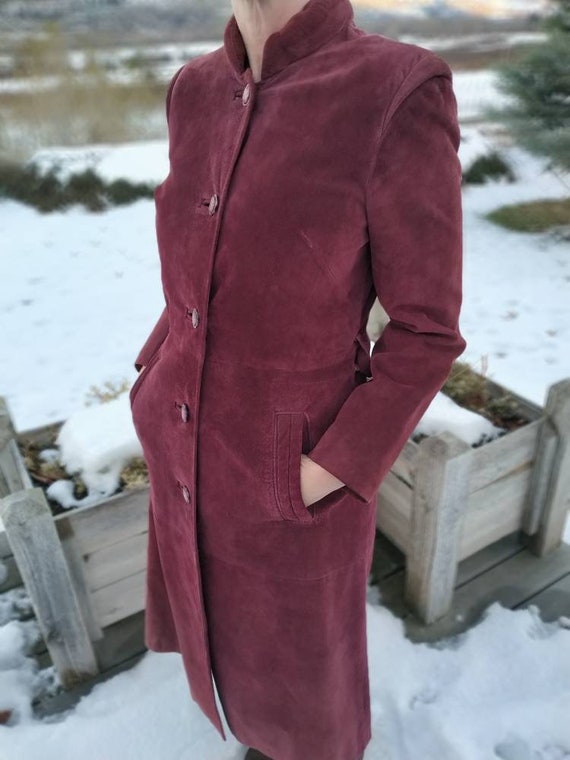 1970s Suede High neck princess coat burgundy red cott… - Gem