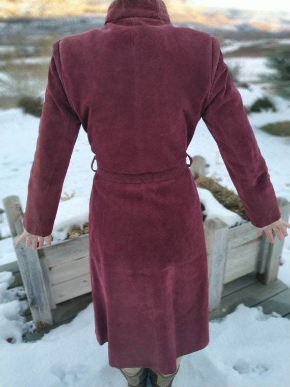 1970s Suede High neck princess coat burgundy red cott… - Gem
