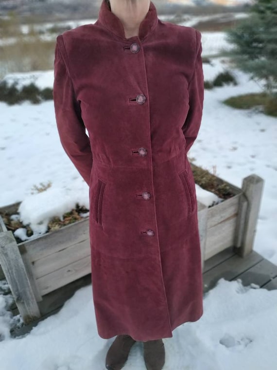 1970s Suede High neck princess coat burgundy red cott… - Gem