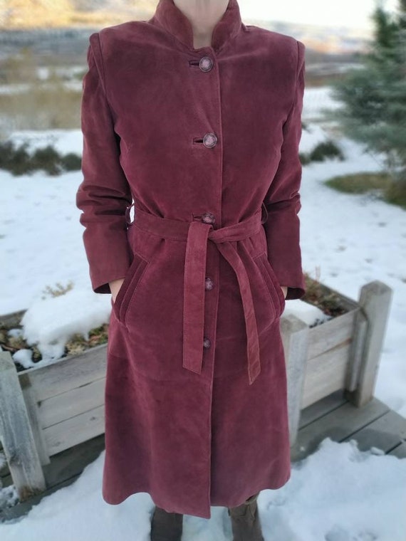 1970s Suede High neck princess coat burgundy red cott… - Gem