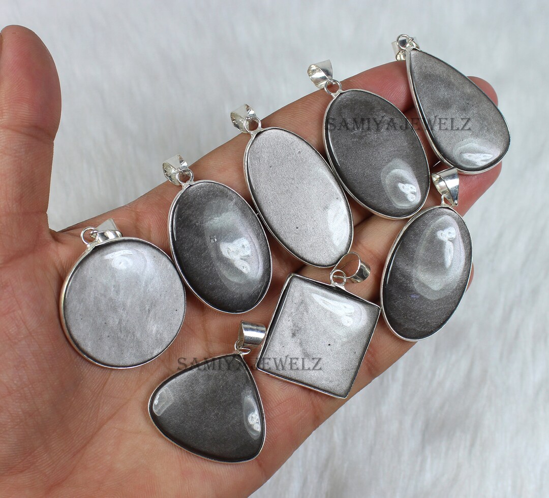 Sliver Obsidian Gemstone Pendant, Silver Shimmer Obsidian Silver Plated ...