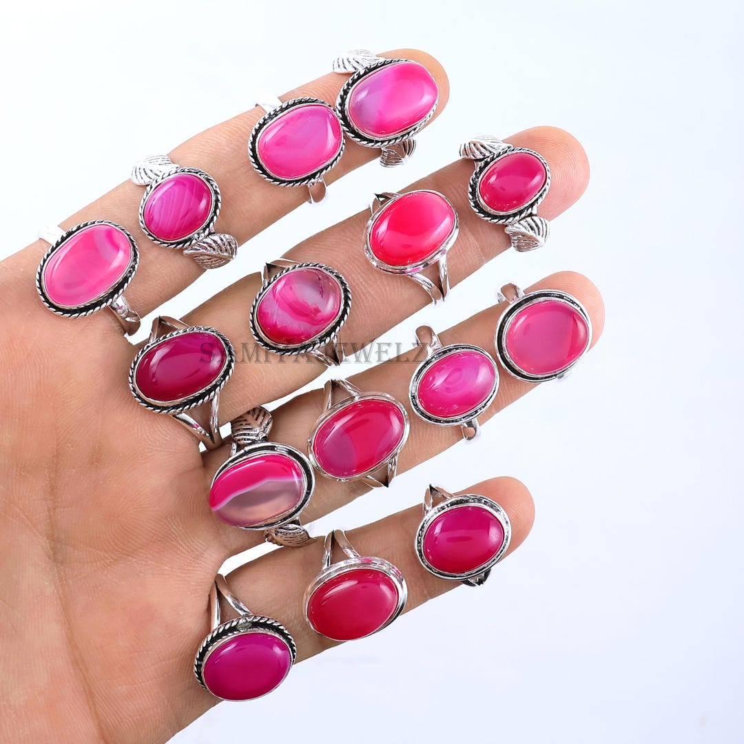 Pink Banded Agate Gemstone Rings, Designer Ring, Boho Rings, Sterling ...