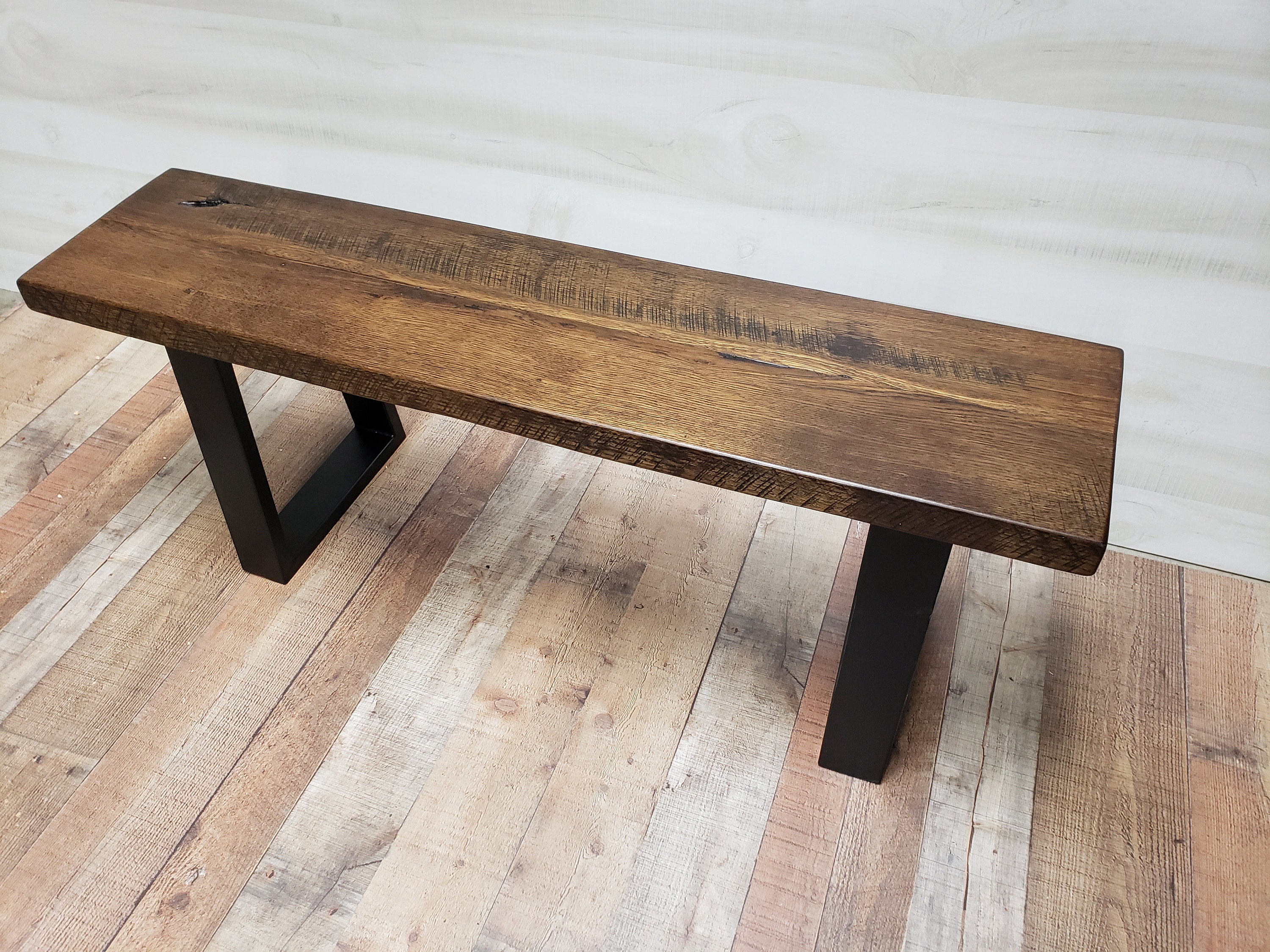 Reclaimed Barn Wood Trapezoid Leg Bench | Etsy