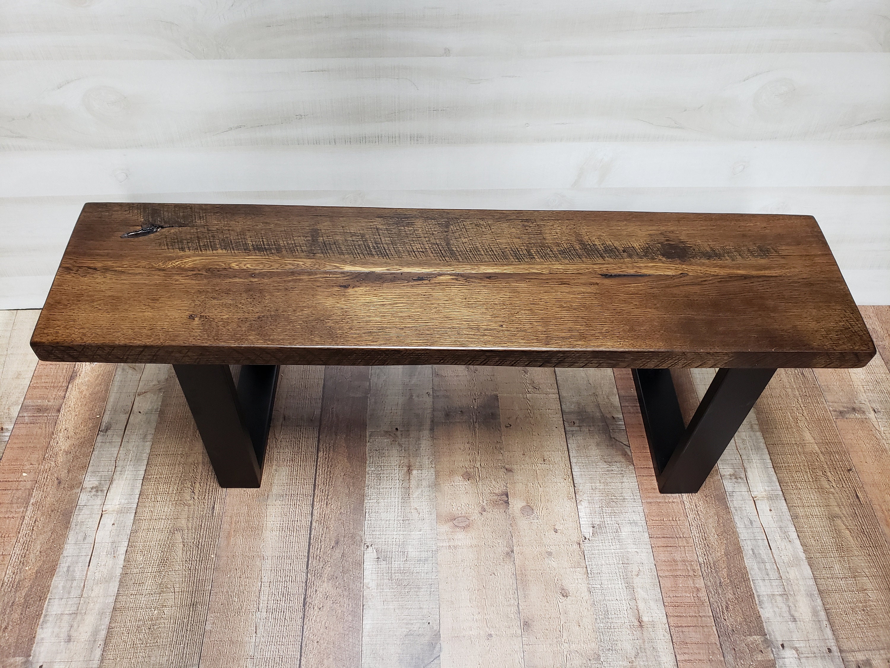 Reclaimed Barn Wood Trapezoid Leg Bench | Etsy