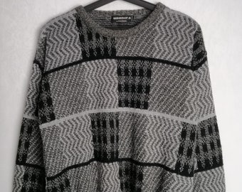 80s Wool Blend Sweater, Mens Geometric Patterned Pullover, Oversized ...
