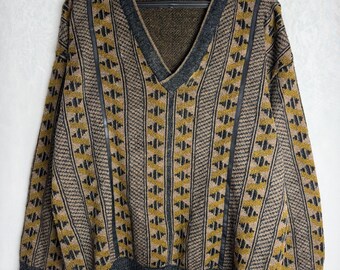 80s Wool Blend Sweater, Mens Geometric Patterned Pullover, Oversized ...