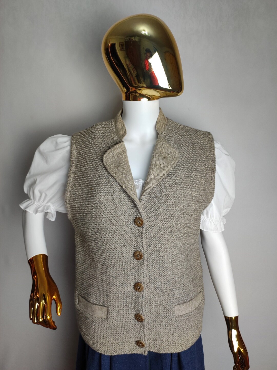 Austrian Wool Knit Vest, Dirndl Linen Sleeveless Cardigan, Traditional ...