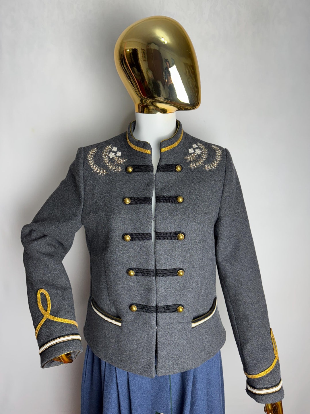 Wool Blend Military Jacket, Floral Embroidery Blazer, Womens Gold Braid ...