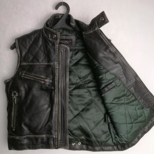 Mens Quilted Leather Vest, Motorcycle Sleeveless Jacket, Black Leather ...
