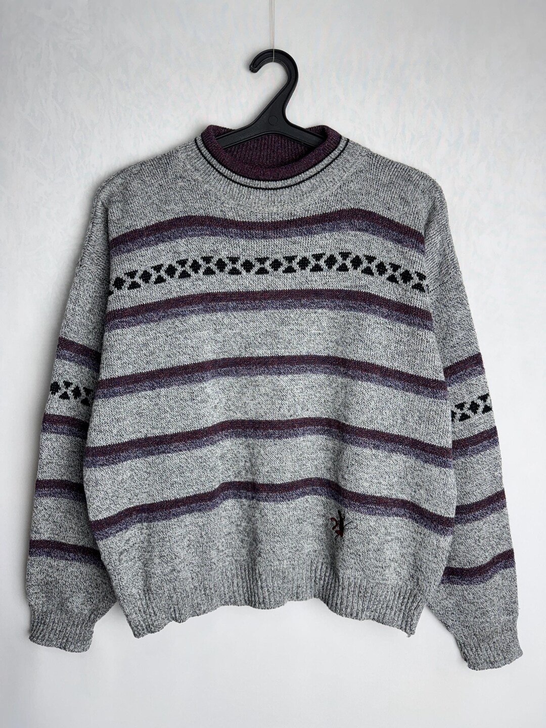 80s Wool Blend Sweater, Mens Geometric Patterned Pullover, Oversized ...