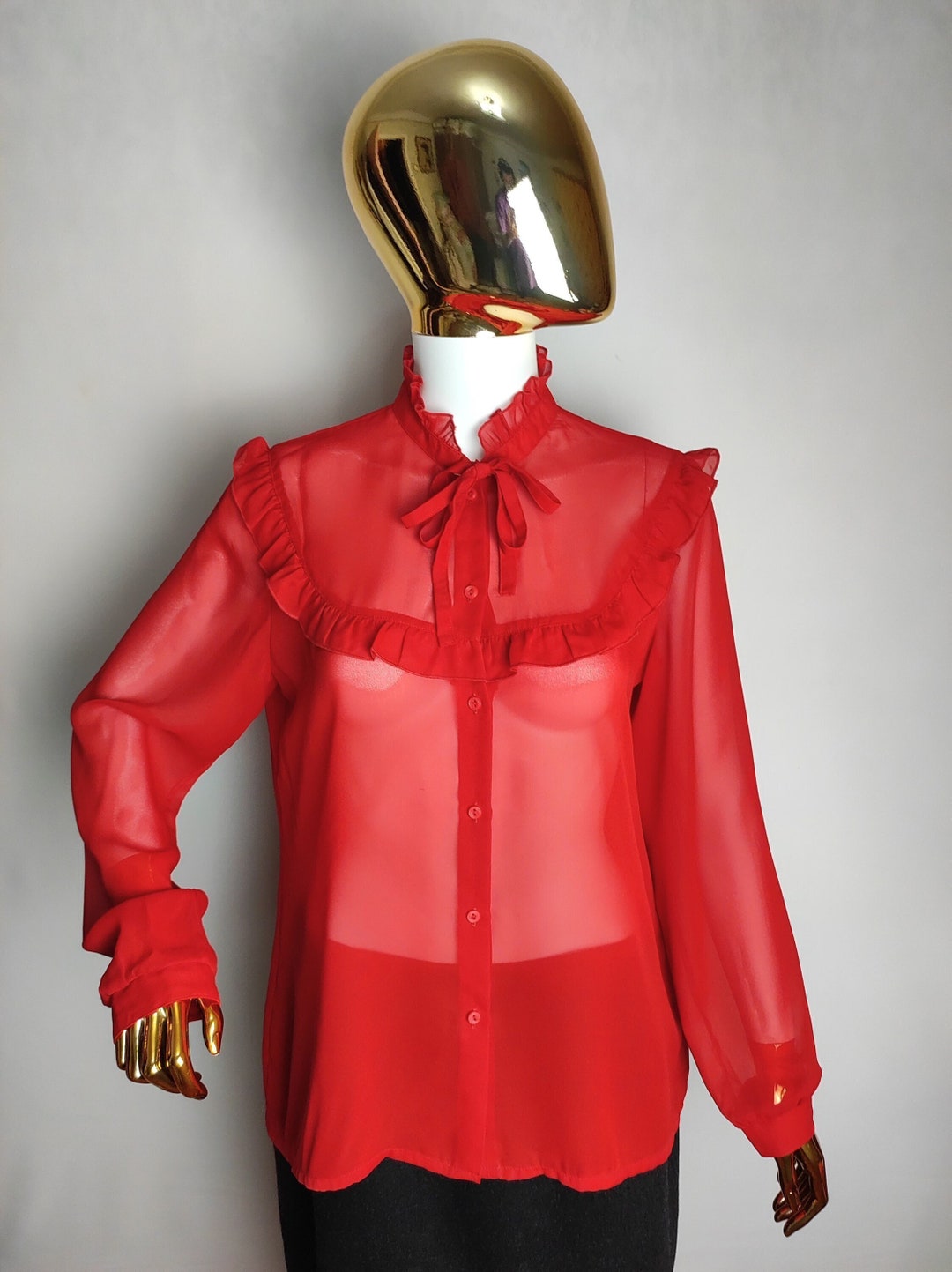 80s Bow Tie Blouse, Red Ruffle Collar Blouse, Long Sleeve Secretary ...