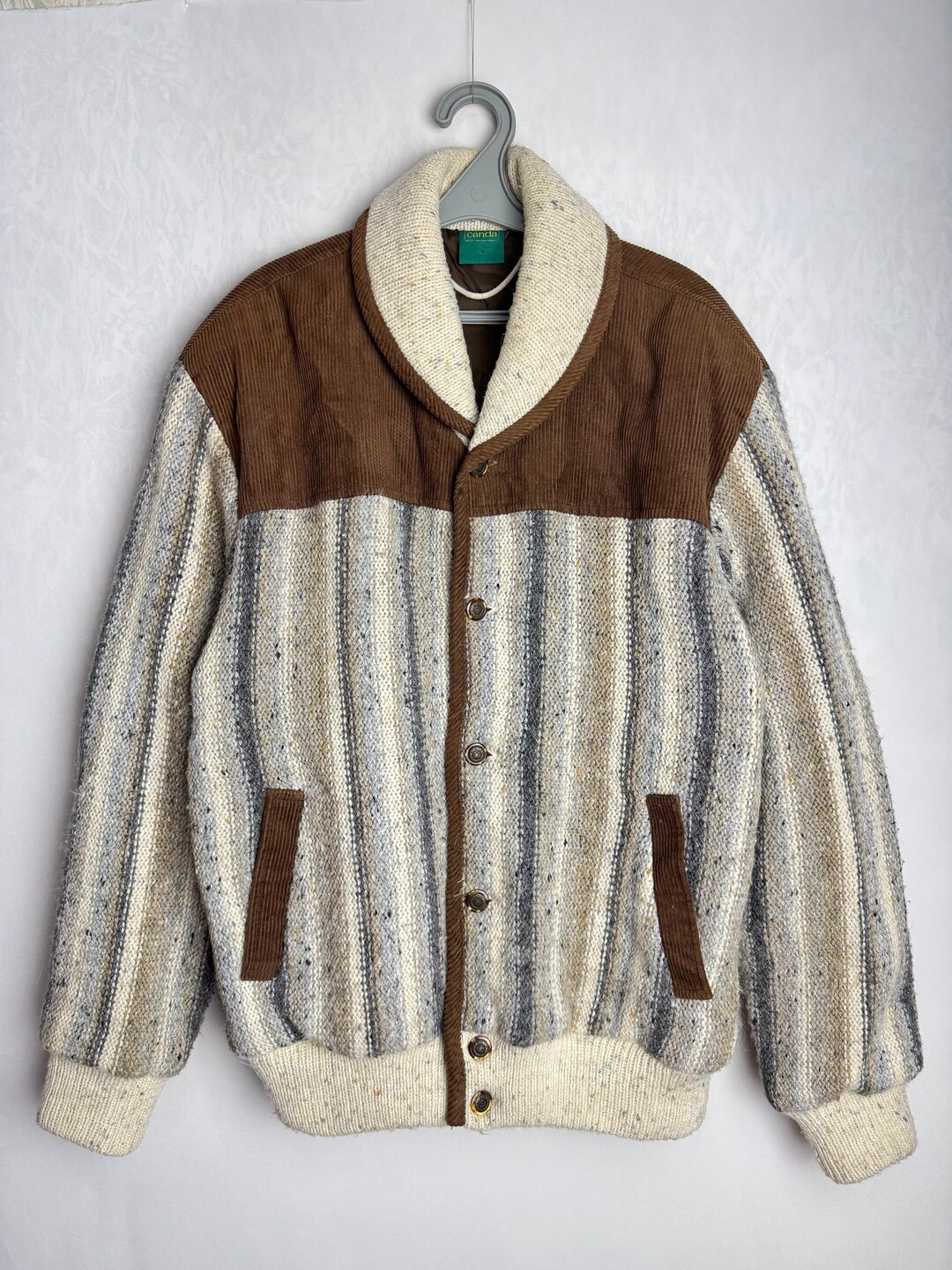 90s Corduroy Yoke Knit Jacket, Wool Blend Shawl Collar Coat, Men ...