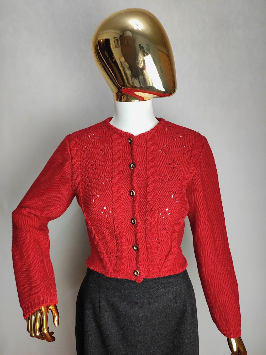 Austrian Wool Knit Cardigan, Red Dirndl Cardigan, Traditional Trachten ...