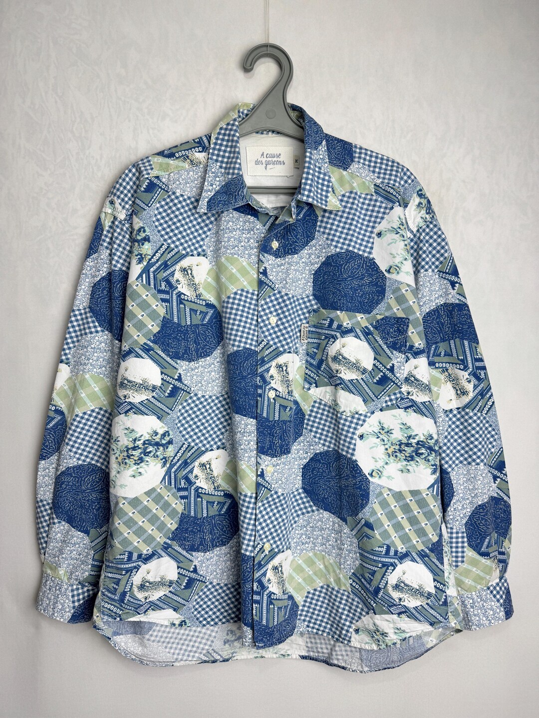 Men Patchwork Print Shirt, 90s Long Sleeve Cotton Boho Shirt, Unique ...